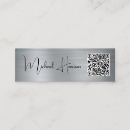 Modern QR Code Signature Script Silver Mini Business Card | Zazzle