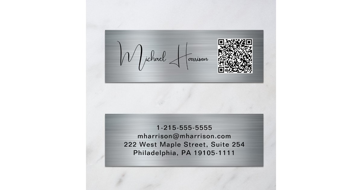 Modern QR Code Signature Script Silver Mini Business Card | Zazzle