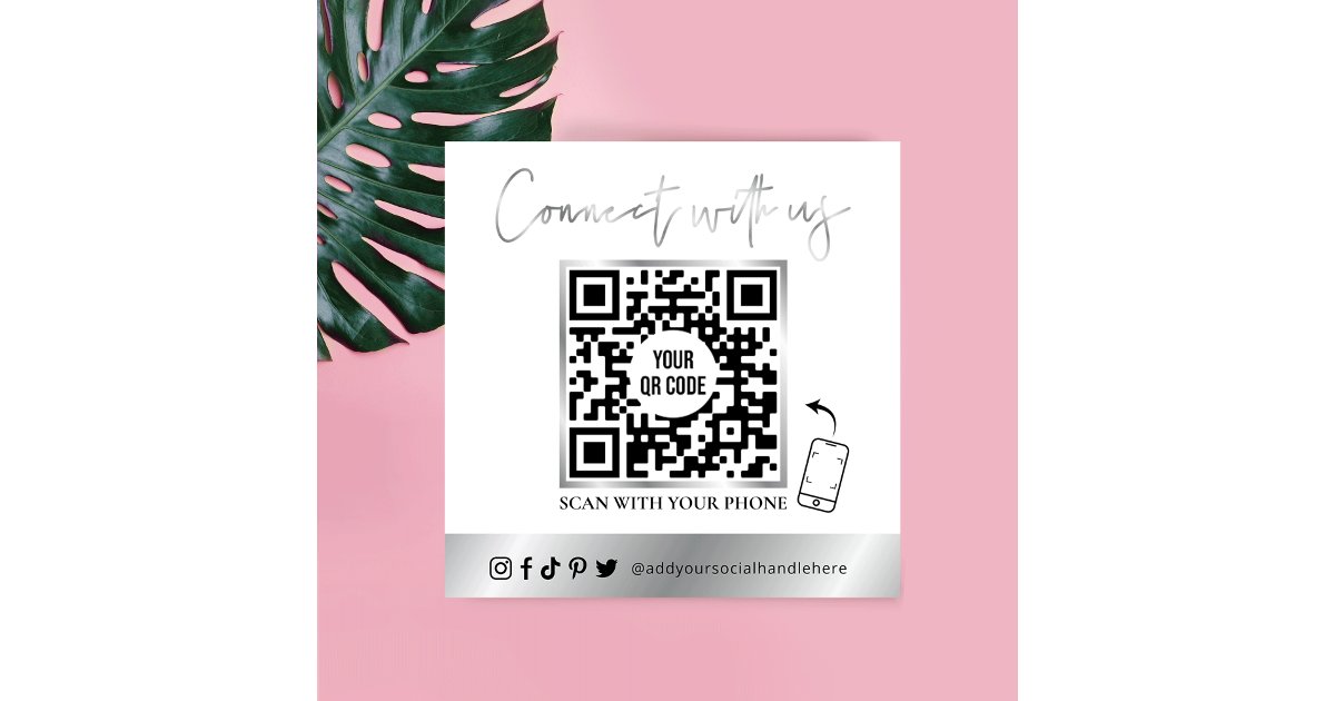 Modern QR Code Social Media White & Chrome Silver Square Business Card ...
