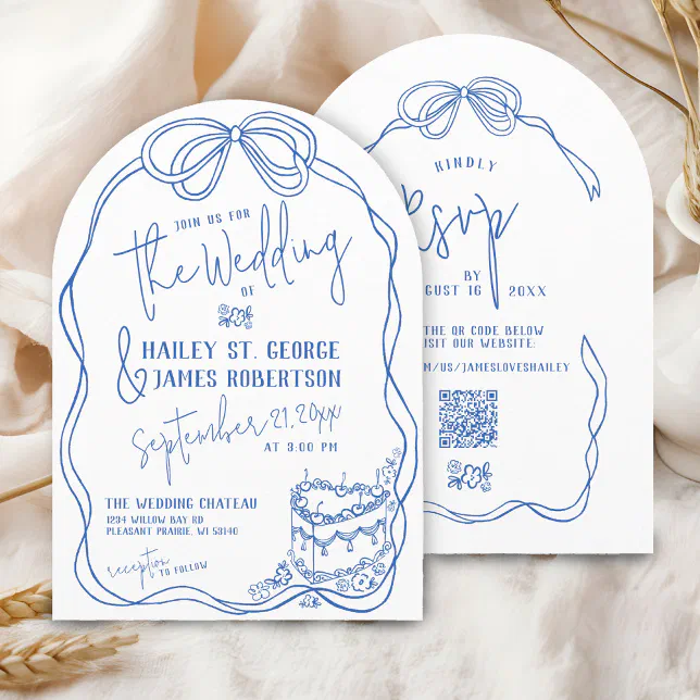Modern quirky hand drawn bow BLUE retro wedding Invitation | Zazzle