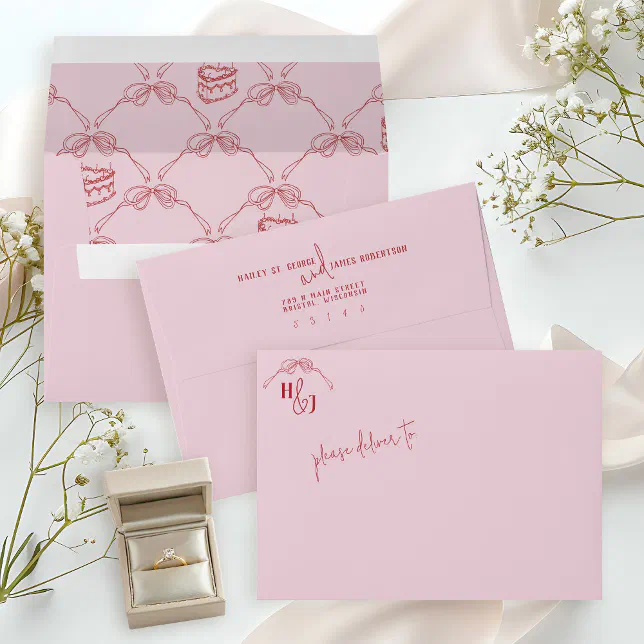Modern Quirky Hand Drawn Bow PINK Retro Wedding Envelope | Zazzle