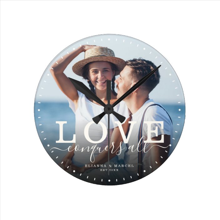 Modern Quote Love Wedding Photo Newlywed Script Round Clock | Zazzle.com