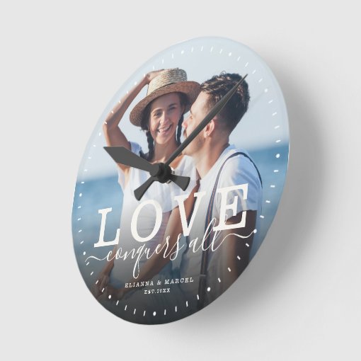 Modern Quote Love Wedding Photo Newlywed Script Round Clock | Zazzle
