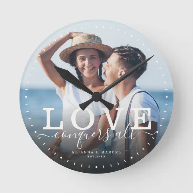 Modern Quote Love Wedding Photo Newlywed Script Round Clock | Zazzle