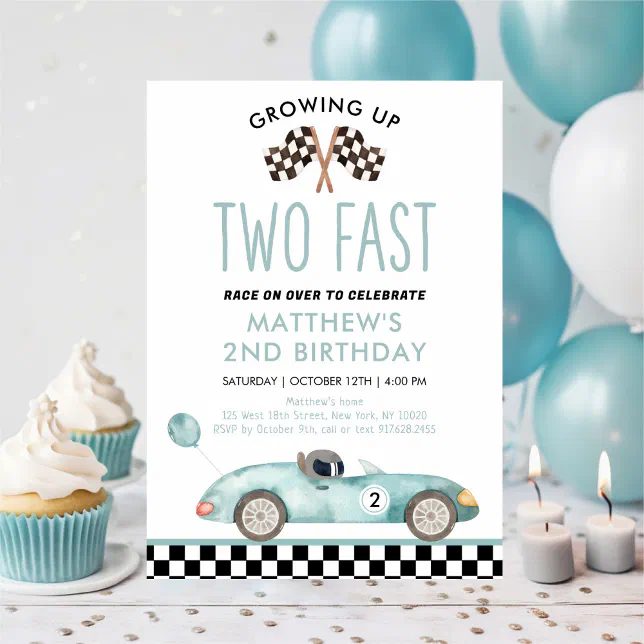 Modern Race Car Two Fast Birthday Invitation | Zazzle