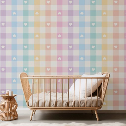 Modern Rainbow Gingham Cute Girly Heart Pattern Wallpaper | Zazzle