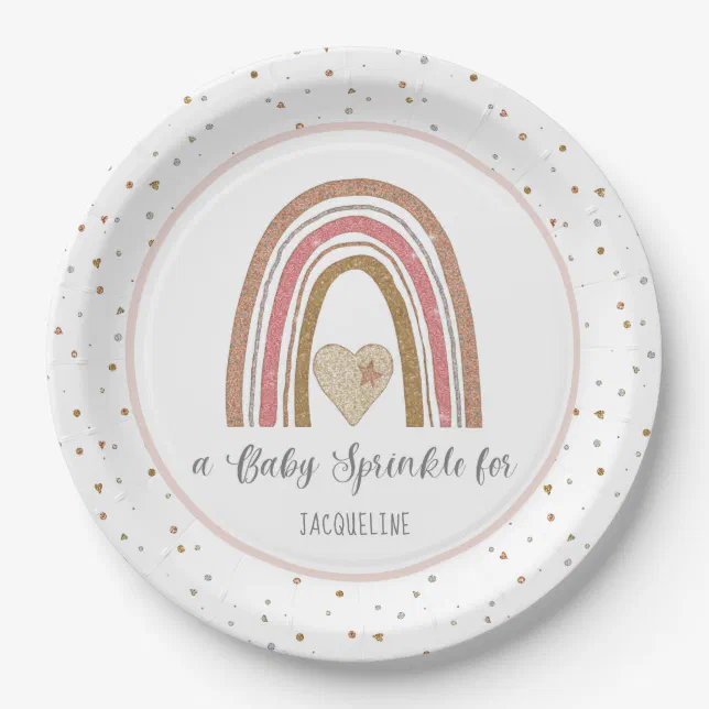 Modern Rainbow Glitter Pink Gold Baby Sprinkle Paper Plates | Zazzle