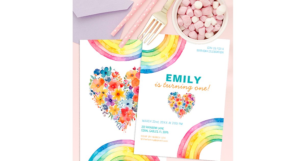 Modern Rainbow Heart Floral Girl Birthday Invite | Zazzle
