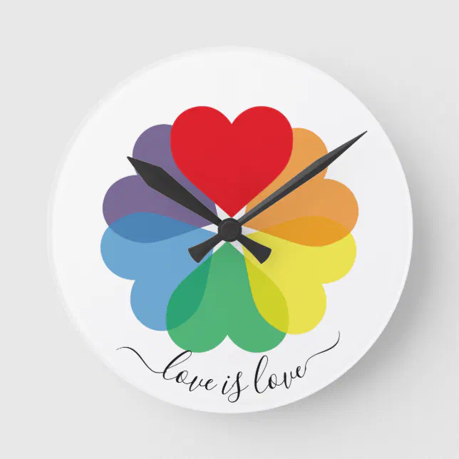 Modern Rainbow Hearts Love Is Love Round Clock | Zazzle