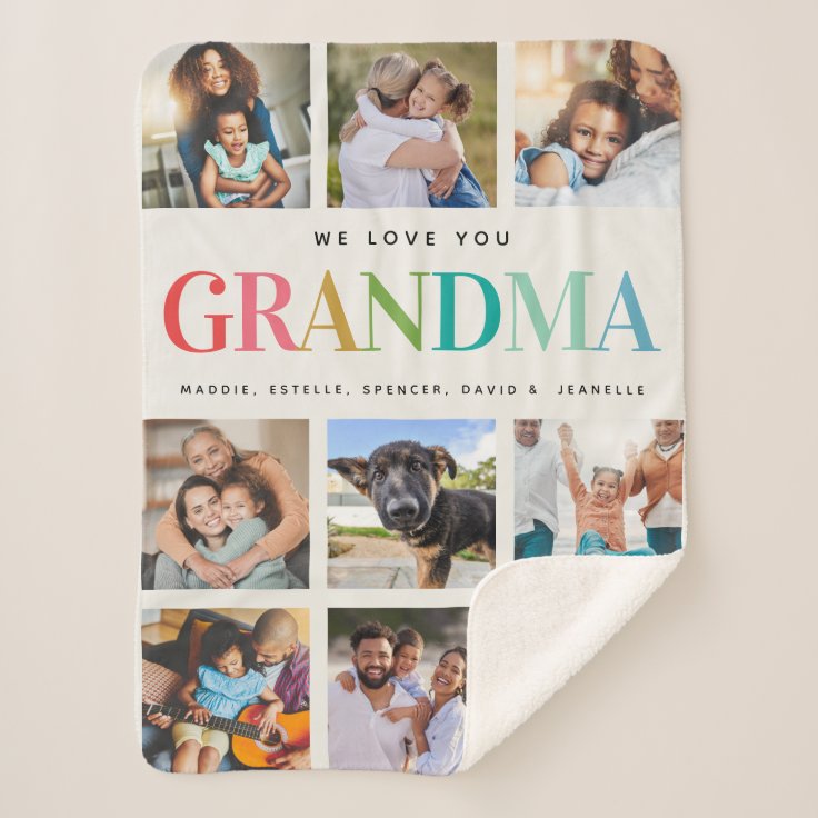 Modern Rainbow Love Grandma Photo Collage Family Sherpa Blanket | Zazzle