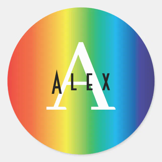 Modern Rainbow Pride Monogram Name + Initial Classic Round Sticker | Zazzle