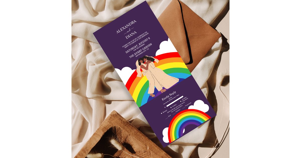 Modern Rainbow Two Brides LGBTQ Wedding All In One Invitation | Zazzle