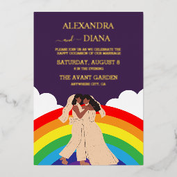 Modern Rainbow Two Brides LGBTQ Wedding Foil Invitation | Zazzle