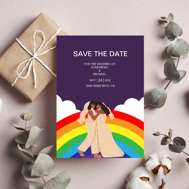 Modern Rainbow Two Brides LGBTQ Wedding Save The Date | Zazzle