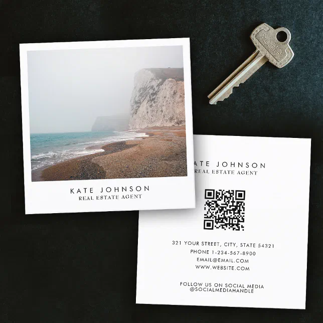 Modern Real Estate Agent Beach Ocean Full Photo Square Business Card ...
