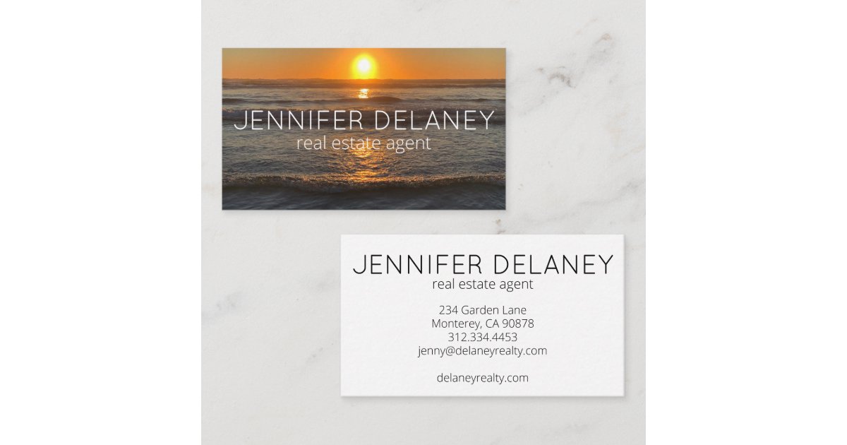 Modern Real Estate Agent Beach Waves Sunset Photo Business Card | Zazzle