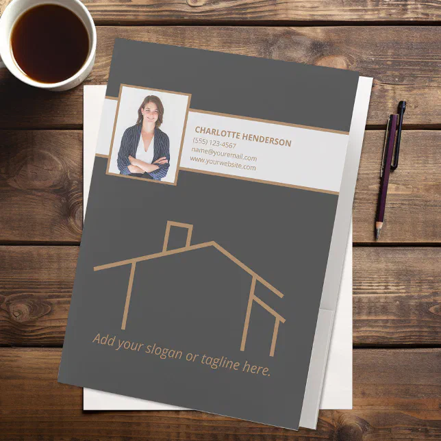 Modern Real Estate Logo Photo Template Black Pocket Folder | Zazzle