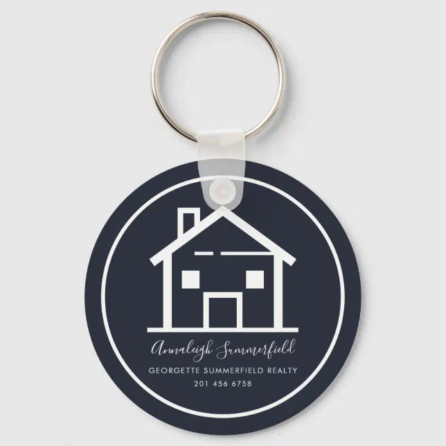 Modern Real Estate White Navy Blue Custom House Keychain | Zazzle