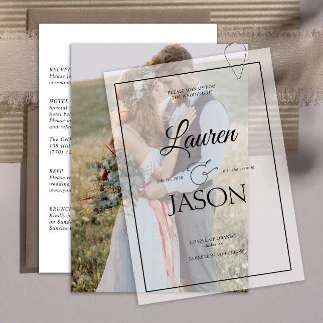 Modern Real Vellum Overlay Photo Wedding Details Invitation | Zazzle