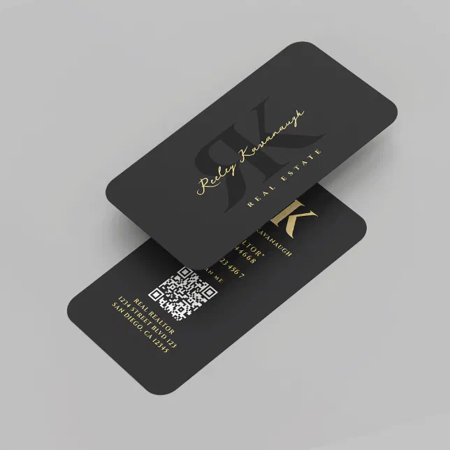 Modern Realtor Monogram R K Real Estate Black Gold Business Card | Zazzle