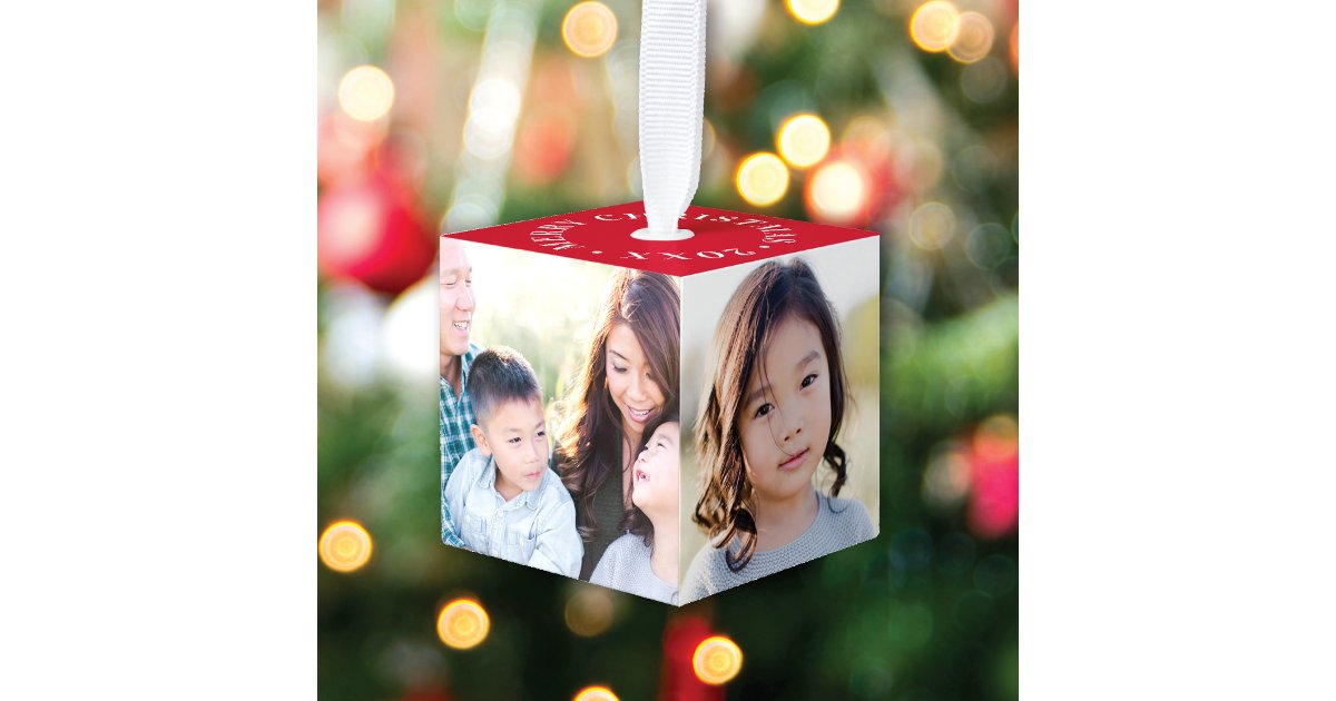 Modern Red 4 Photo Snowflake Christmas Cube Ornament | Zazzle