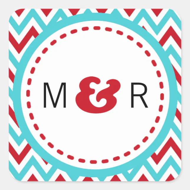 Modern Red and Aqua Chevron & Lovebirds Wedding Square Sticker | Zazzle
