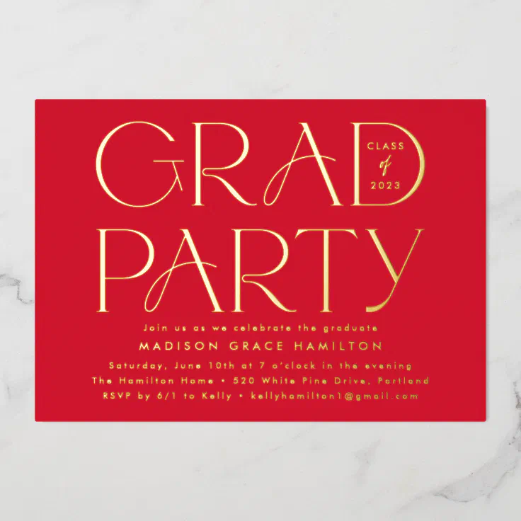 Modern Red and Gold Typography Graduation Party Foil Invitation | Zazzle