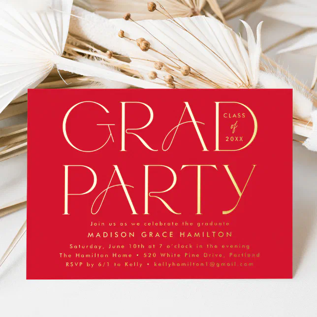 Modern Red and Gold Typography Graduation Party Foil Invitation | Zazzle
