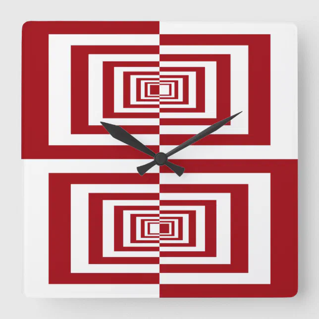 Modern Red and White Geometric Square Wall Clock | Zazzle