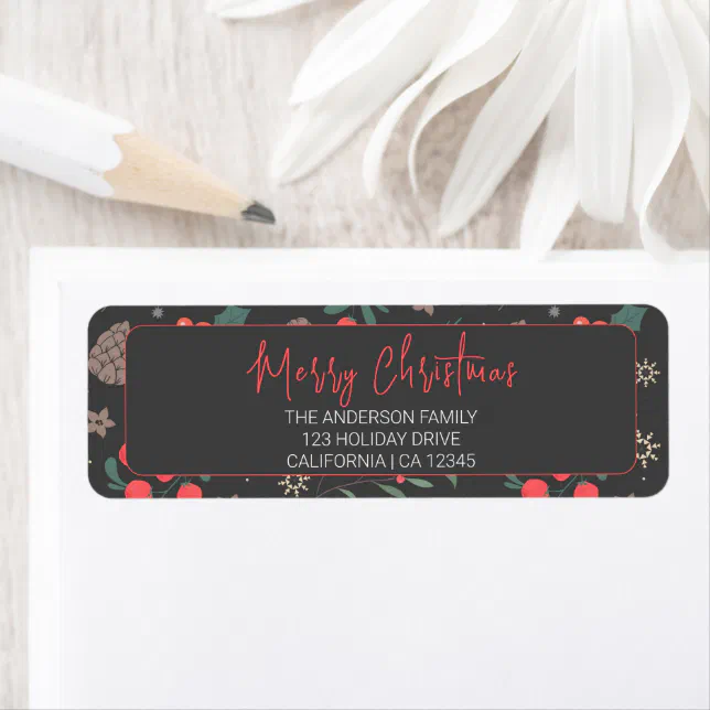 Modern Red Berries Merry Christmas Address Label | Zazzle