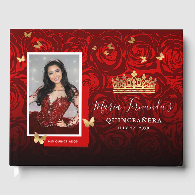 Modern Red Black Gold Elegant Photo Quinceanera Guest Book | Zazzle