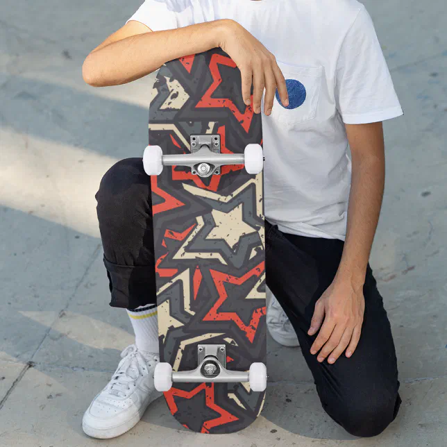 Modern Red Black Stars Cool Grunge Pattern Custom Skateboard | Zazzle