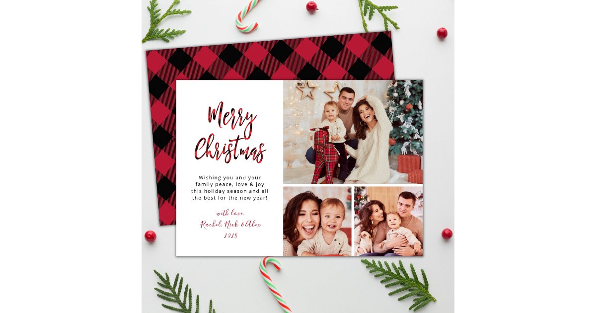 Modern Red Buffalo Plaid 3 Multi Photo Christmas Holiday Card | Zazzle