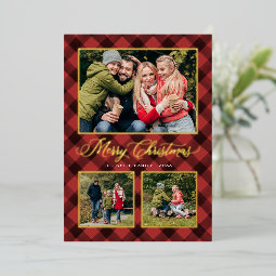 Modern Red Buffalo Plaid Christmas Photo Collage Foil Holiday Card | Zazzle