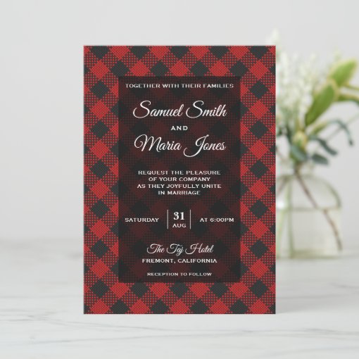 Modern Red Buffalo Plaid Wedding Invitation | Zazzle