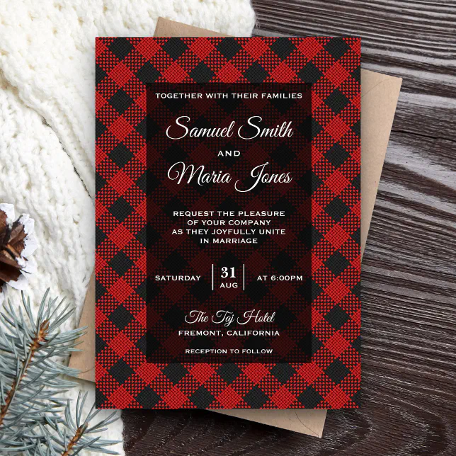 Modern Red Buffalo Plaid Wedding Invitation | Zazzle