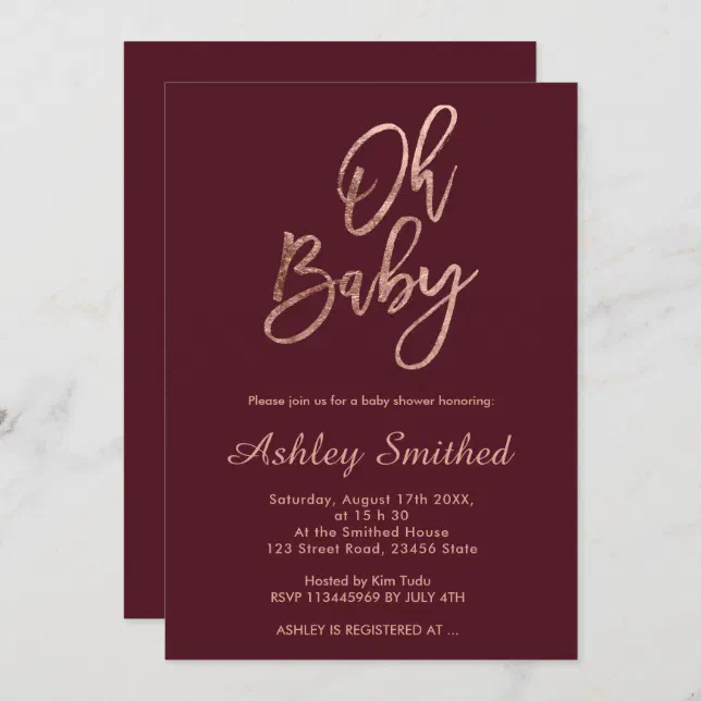 Modern red burgundy fall chic Oh baby shower Invitation | Zazzle