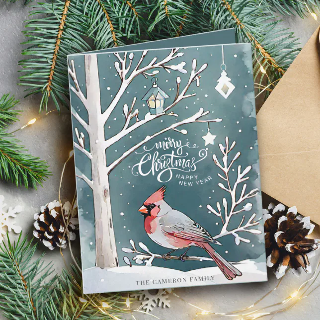 Modern Red Cardinal Winter Landscape Christmas Card | Zazzle