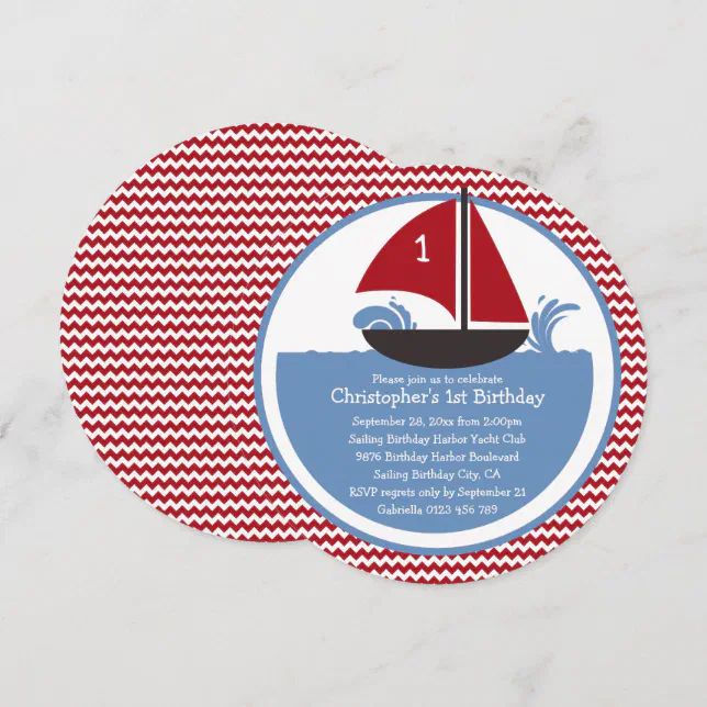Modern Red Chevron Nautical 1st Birthday Party Invitation | Zazzle