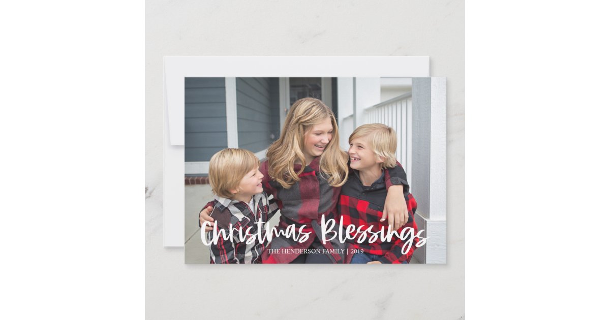 Modern Red Christmas Blessings Photo Holiday Card | Zazzle