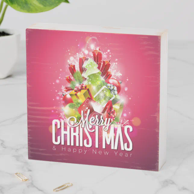 Modern Red Christmas Graphic Design Illustration Wooden Box Sign | Zazzle