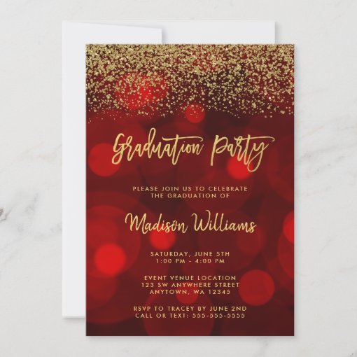 Modern Red Faux Gold Glitter Graduation Party Invitation | Zazzle