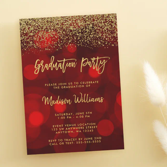 Modern Red Faux Gold Glitter Graduation Party Invitation | Zazzle