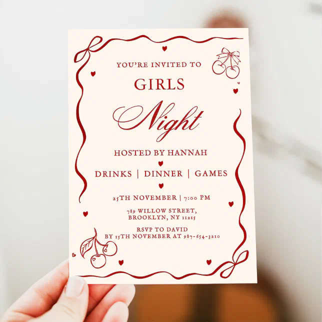 Modern Red Girls Night Dinner Party Invitation | Zazzle