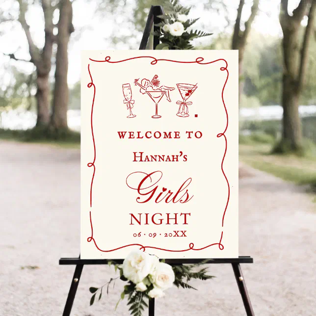 Modern Red Girls Night Dinner Party Welcome Sign | Zazzle