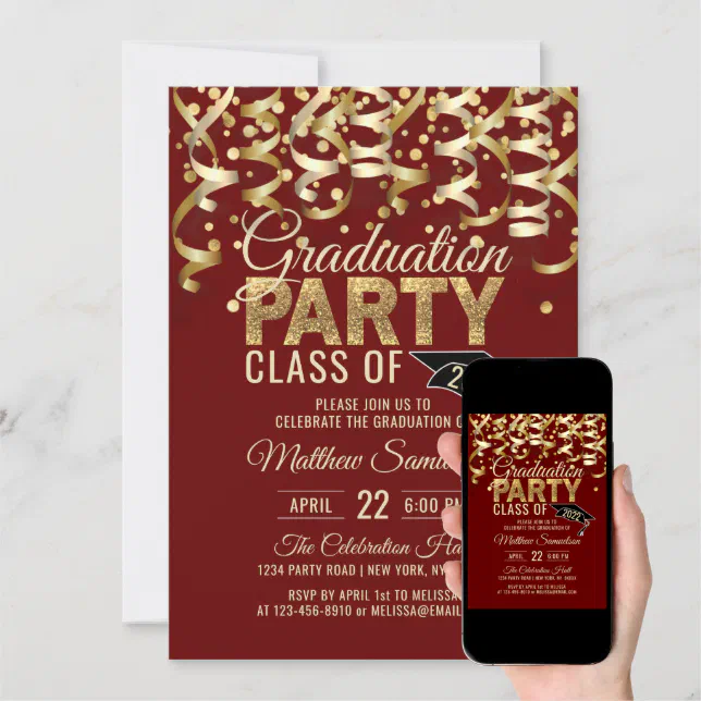 Modern Red Gold Glitter GRADUATION Party Invitation | Zazzle