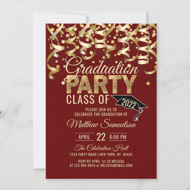 Modern Red Gold Glitter GRADUATION Party Invitation | Zazzle