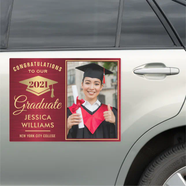 Modern Red Golden PHOTO Graduation Large Car Magnet | Zazzle