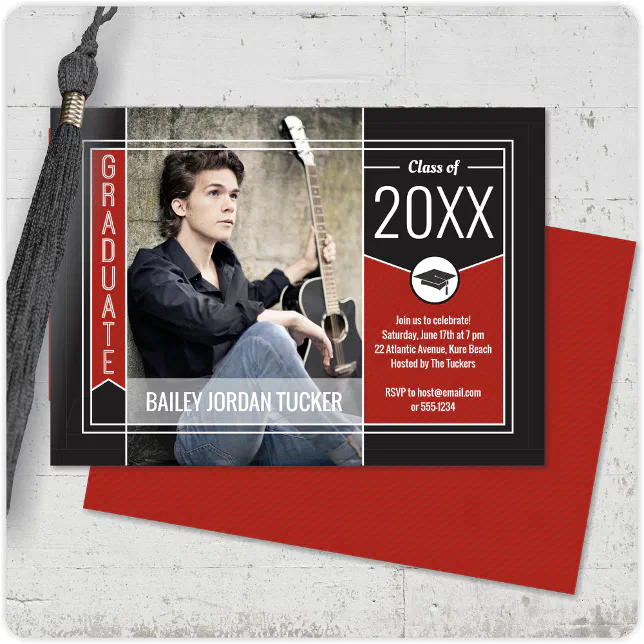 Modern Red Graduate Photo Graduation Invitation | Zazzle