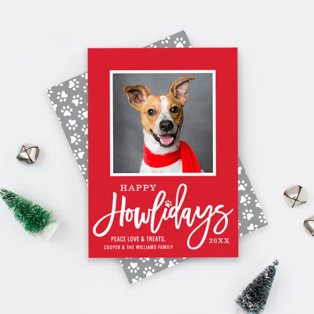 Modern Red Gray Happy Howlidays Puppy Dog Photo Holiday Card | Zazzle